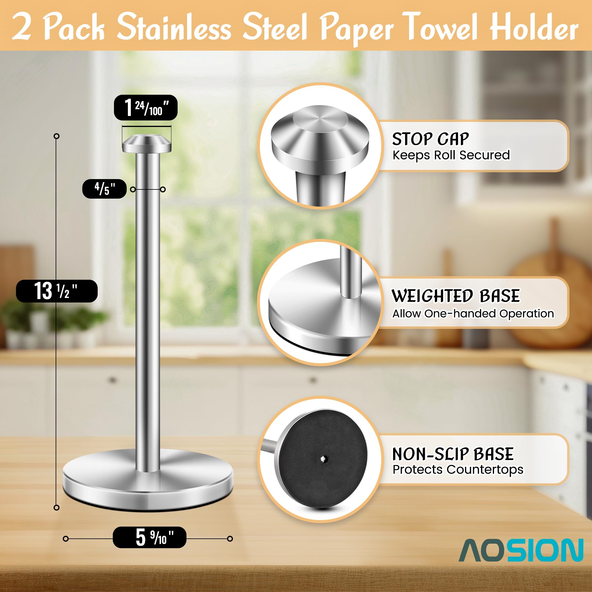 AOSION 2 Pack Stainless Steel Paper Towel Holder,Paper Towel Holder Countertop,Standing Paper Towel Holders for Kitchen Bedroom and Bathroom, Brushed Silver 13.8"