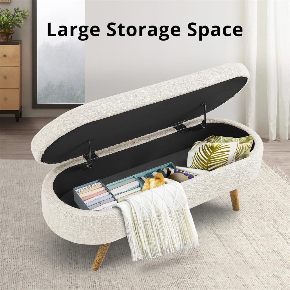 TRIPLE TREE 43.5" Storage Ottoman Bench with 250lb Seating, Linen Upholstered Wood Legs Safety Hinge Flip Top Oval Foot Rest Long Stool for Sofa Couch Bedroom End of Bed Living Room Entryway, Beige
