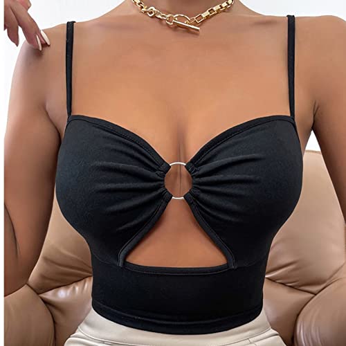 Women's Sexy Sleeveless V Neck Plunging Camisole Basic Solid Color Hollow Out Y4k Cropped Tank Top Slim Bustier Bras Black