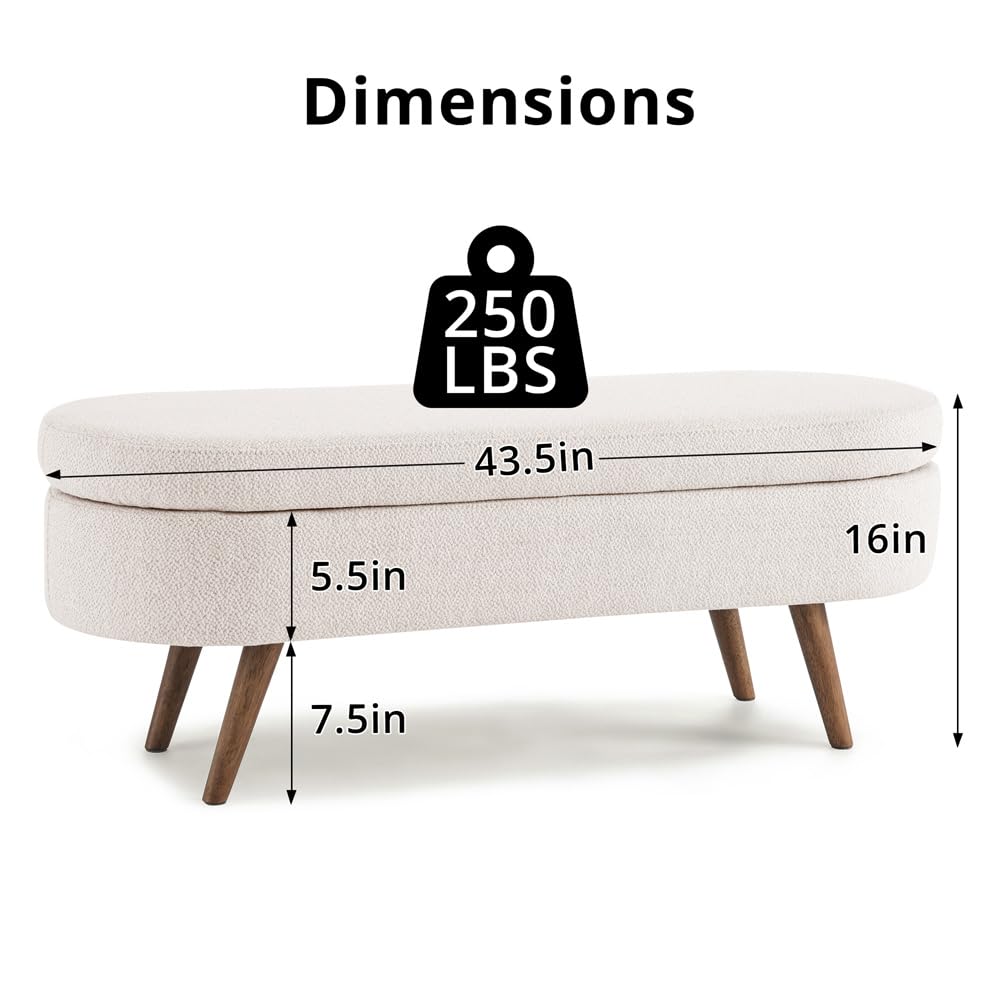 TRIPLE TREE 43.5" Storage Ottoman Bench with 250lb Seating, Linen Upholstered Wood Legs Safety Hinge Flip Top Oval Foot Rest Long Stool for Sofa Couch Bedroom End of Bed Living Room Entryway, Beige