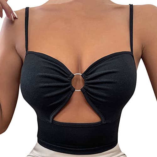 Women's Sexy Sleeveless V Neck Plunging Camisole Basic Solid Color Hollow Out Y4k Cropped Tank Top Slim Bustier Bras Black