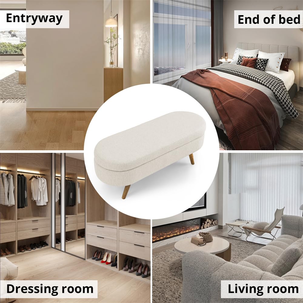 TRIPLE TREE 43.5" Storage Ottoman Bench with 250lb Seating, Linen Upholstered Wood Legs Safety Hinge Flip Top Oval Foot Rest Long Stool for Sofa Couch Bedroom End of Bed Living Room Entryway, Beige