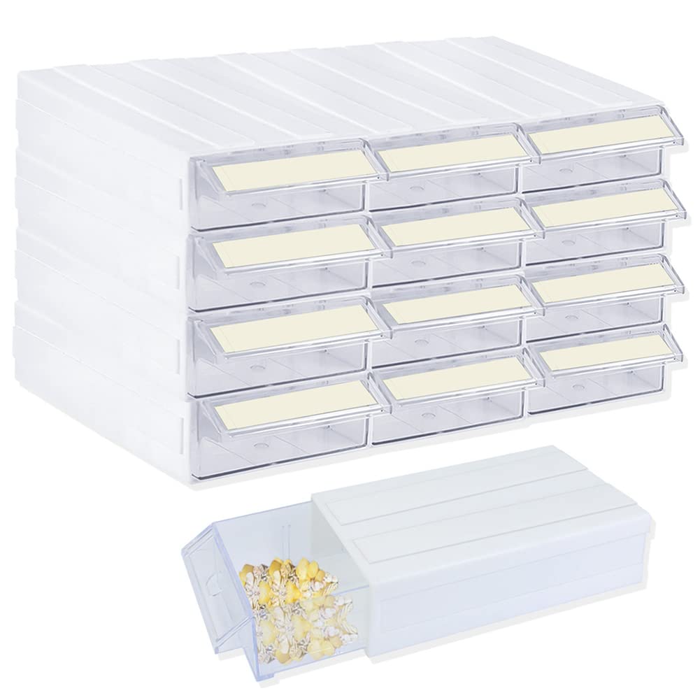 12 Drawer Stacking Storage Cabinet, Plastic Stacking Drawer with 24 Clear Dividers&12 Tag Cards Multi Compartment Organizer Storage Container for Jewelry, Craft DIY, Bead, Small Items(12, White)