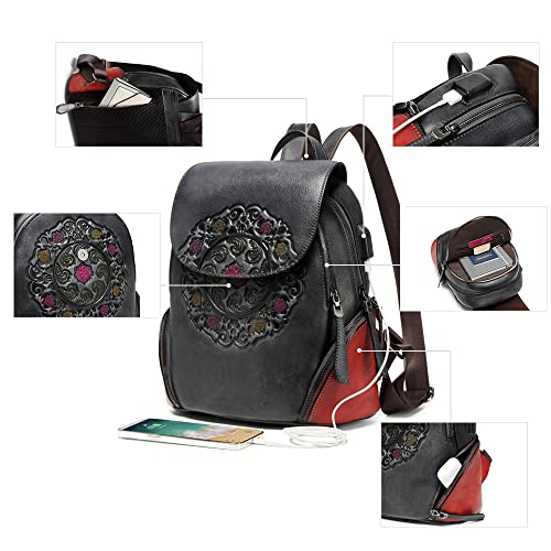 EBESA Leather Backpack for Women Organizer Retro Vegetable Tanning leather bag Vintage Embossing Totem (black)