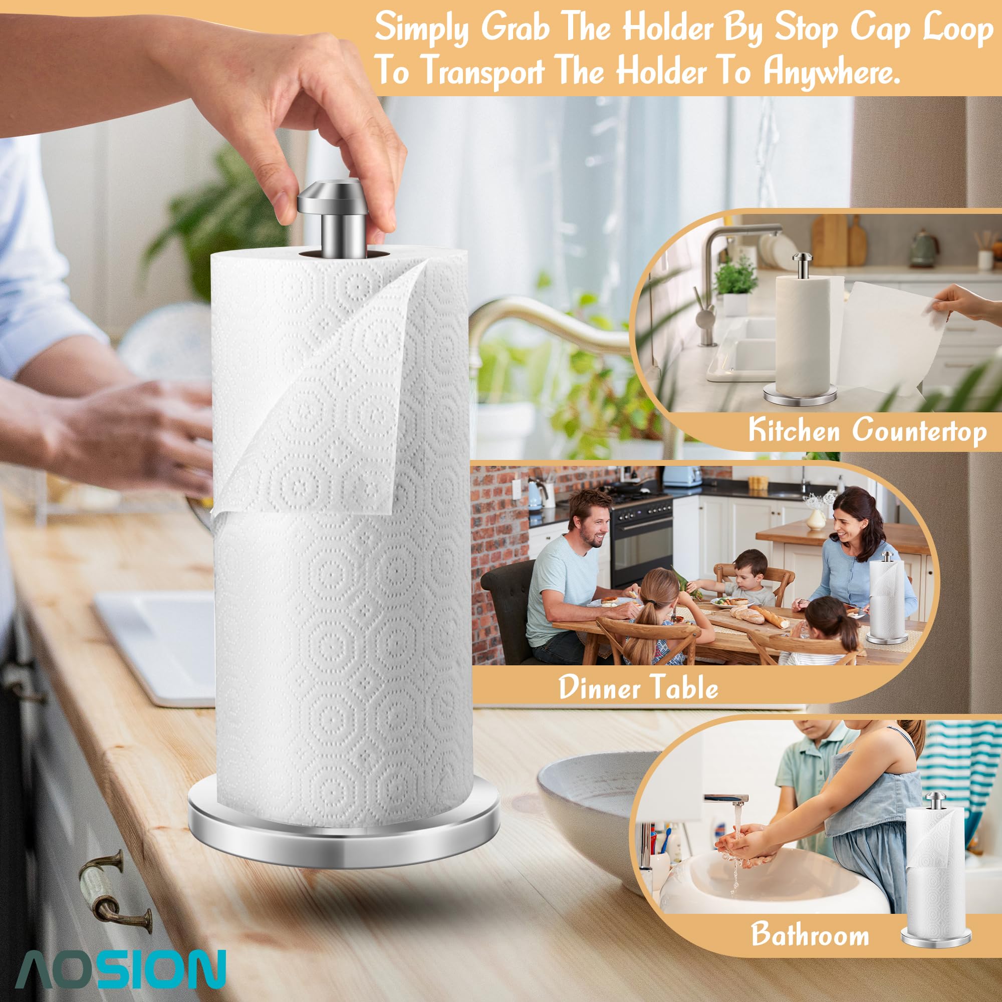 AOSION 2 Pack Stainless Steel Paper Towel Holder,Paper Towel Holder Countertop,Standing Paper Towel Holders for Kitchen Bedroom and Bathroom, Brushed Silver 13.8"
