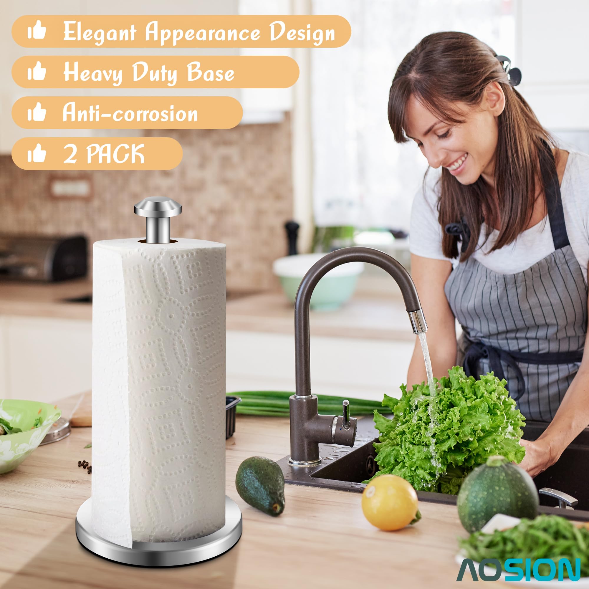 AOSION 2 Pack Stainless Steel Paper Towel Holder,Paper Towel Holder Countertop,Standing Paper Towel Holders for Kitchen Bedroom and Bathroom, Brushed Silver 13.8"