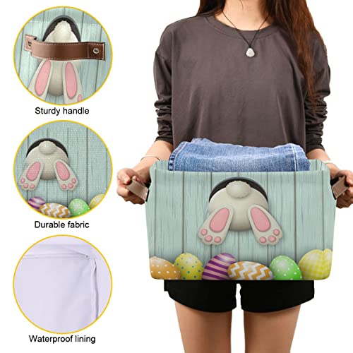 Easter Day Bunny Tail Eggs Storage Basket Fabric Laundry Baskets Happy Easter Rabbit Spring Storage Boxes Organizer Bag for Baby Cloth Dog Toy Book Storage Cubes Shelf Closet Bins 16×12×8 Inches