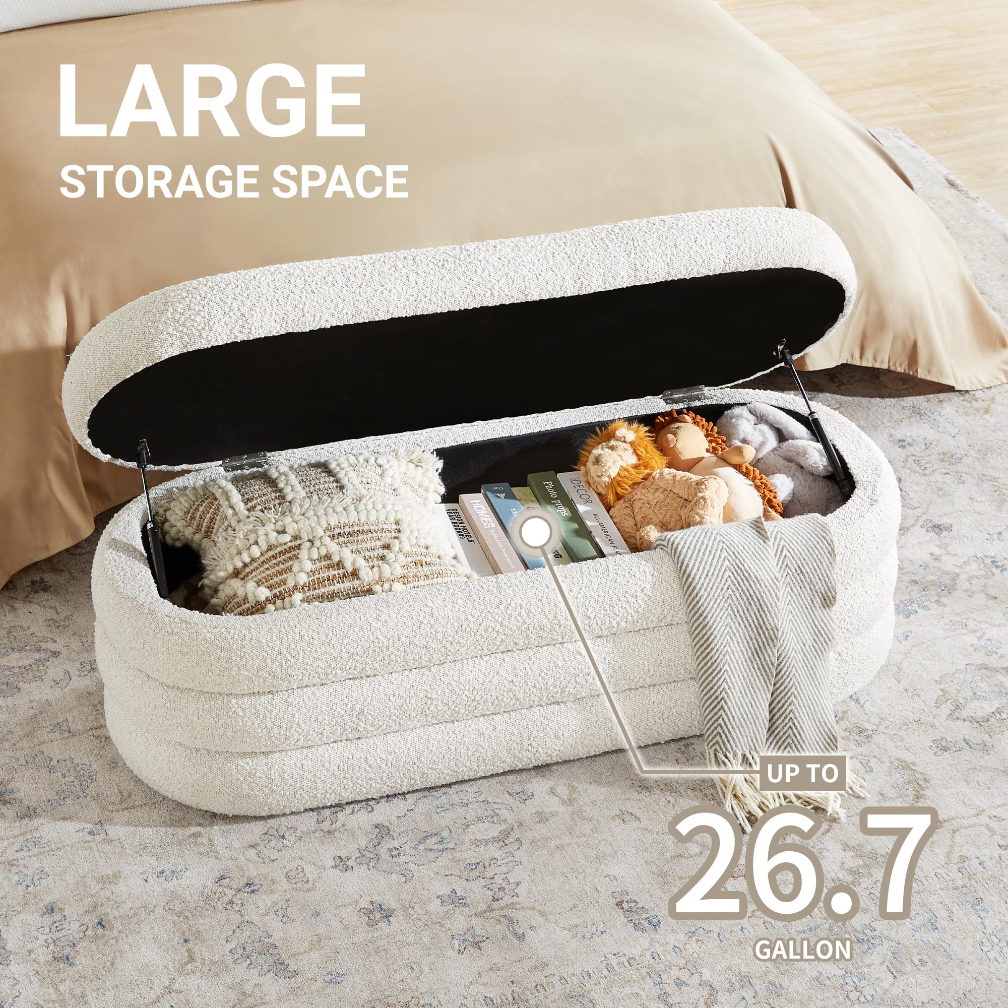 Busaurus Storage Ottoman Bench 49.2 Inch Upholstered Fabric Storage Bench for Bedroom End of Bed Aesthetic Large Oval Storage Ottoman for Living Room Entryway (Ivory)