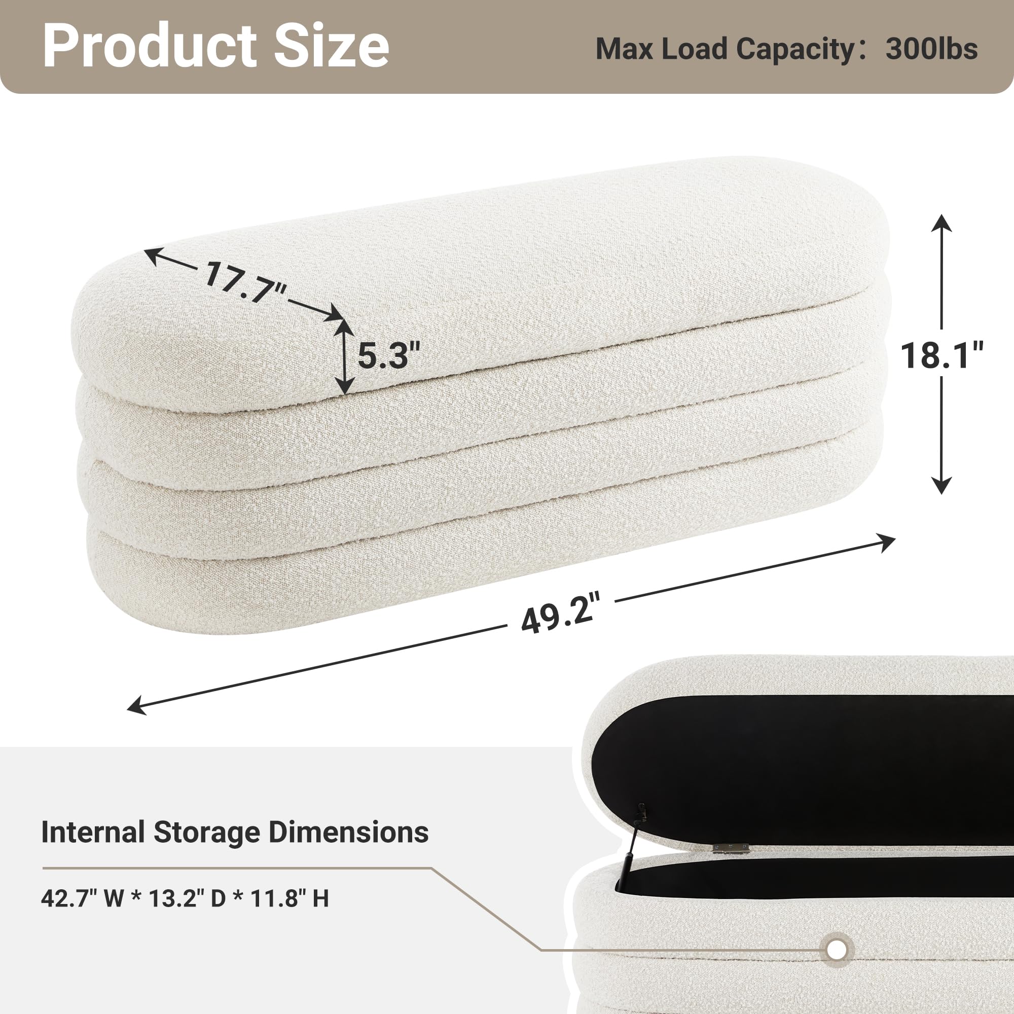 Busaurus Storage Ottoman Bench 49.2 Inch Upholstered Fabric Storage Bench for Bedroom End of Bed Aesthetic Large Oval Storage Ottoman for Living Room Entryway (Ivory)