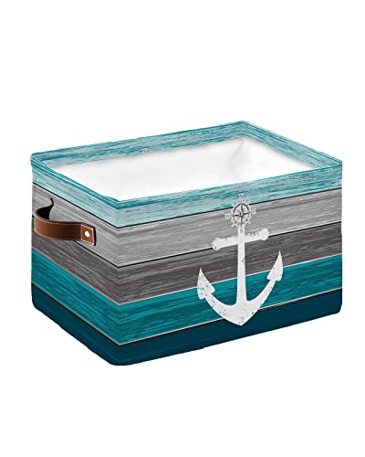 Turquoise Grey Ombre Wood Storage Basket Waterproof Cube Storage Bin Organizer with Handles, Beach Nautical Anchor Ocean Coastal Collapsible Storage Cubes Bins for Clothes Books Toys 15"x11"x9.5"