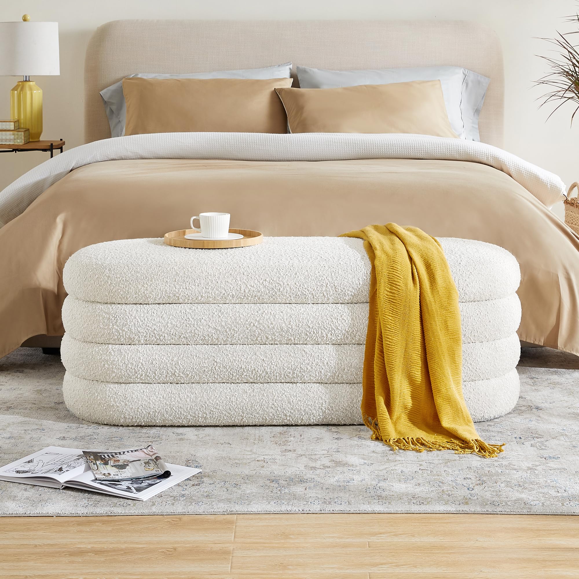 Busaurus Storage Ottoman Bench 49.2 Inch Upholstered Fabric Storage Bench for Bedroom End of Bed Aesthetic Large Oval Storage Ottoman for Living Room Entryway (Ivory)
