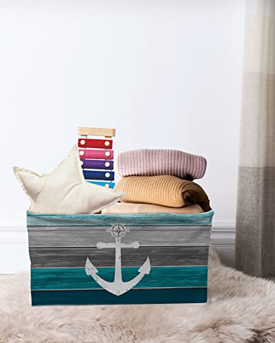 Turquoise Grey Ombre Wood Storage Basket Waterproof Cube Storage Bin Organizer with Handles, Beach Nautical Anchor Ocean Coastal Collapsible Storage Cubes Bins for Clothes Books Toys 15"x11"x9.5"