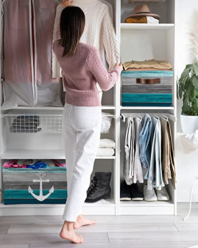 Turquoise Grey Ombre Wood Storage Basket Waterproof Cube Storage Bin Organizer with Handles, Beach Nautical Anchor Ocean Coastal Collapsible Storage Cubes Bins for Clothes Books Toys 15"x11"x9.5"