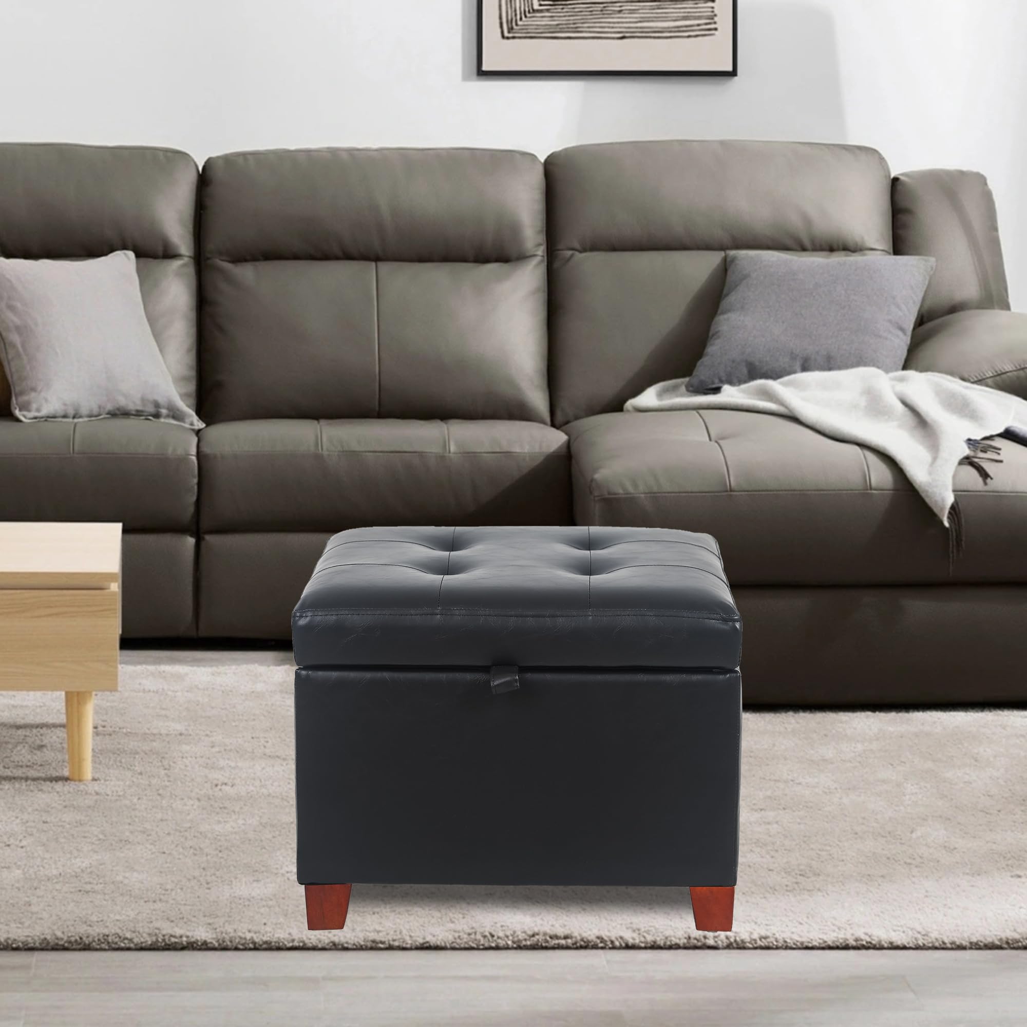 Asense 17 Inch Square Storage Ottoman,Small Foot Rest Stool for Couch, Faux Leather Upholstered Footstool Cube for Entryway Bedroom Living Room, Black