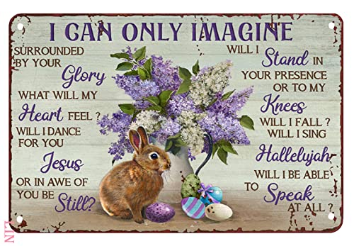 Metal Decorations for Shelves Beautiful Purple Flower Rabbit Drawing Easter Eggs I Can Only Imagine Metal Signs Vintage Room Decor Aesthetic Wall Art Tin Sign for Garage Bathroom Room 8x12 inch