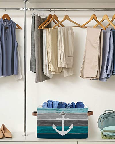 Turquoise Grey Ombre Wood Storage Basket Waterproof Cube Storage Bin Organizer with Handles, Beach Nautical Anchor Ocean Coastal Collapsible Storage Cubes Bins for Clothes Books Toys 15"x11"x9.5"