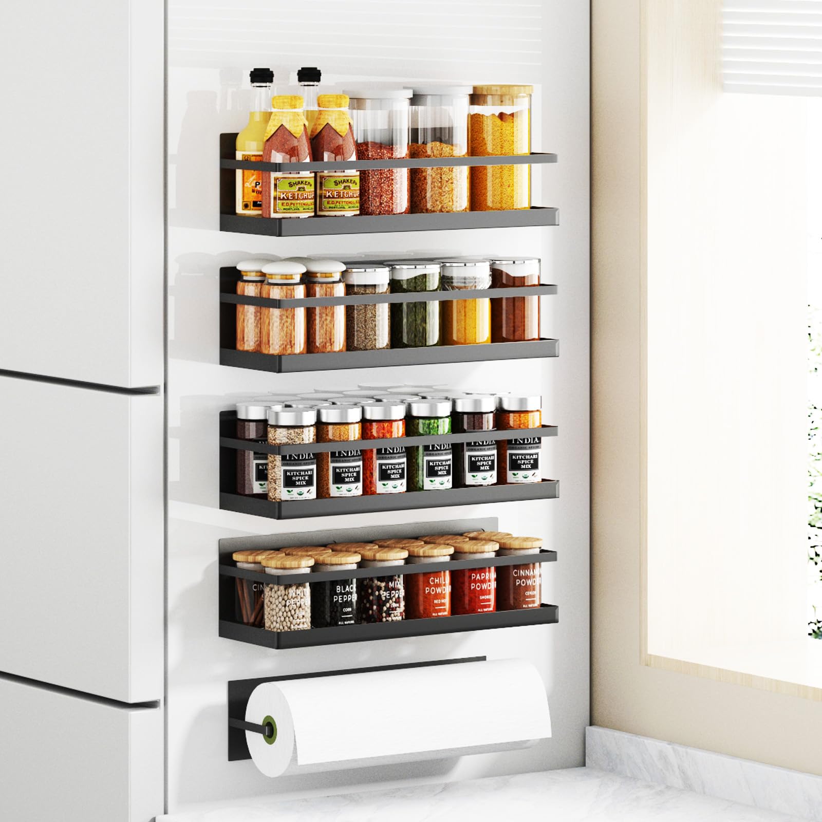 Roysili Magnetic Spice Rack Organizer Spice Organizer For Refrigerator Fridge Spice Rack For Kitchen Organizer Magnetic Shelf Space Saving Black 2 Pack With 2 Hooks