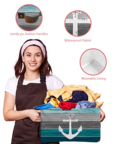 Turquoise Grey Ombre Wood Storage Basket Waterproof Cube Storage Bin Organizer with Handles, Beach Nautical Anchor Ocean Coastal Collapsible Storage Cubes Bins for Clothes Books Toys 15"x11"x9.5"