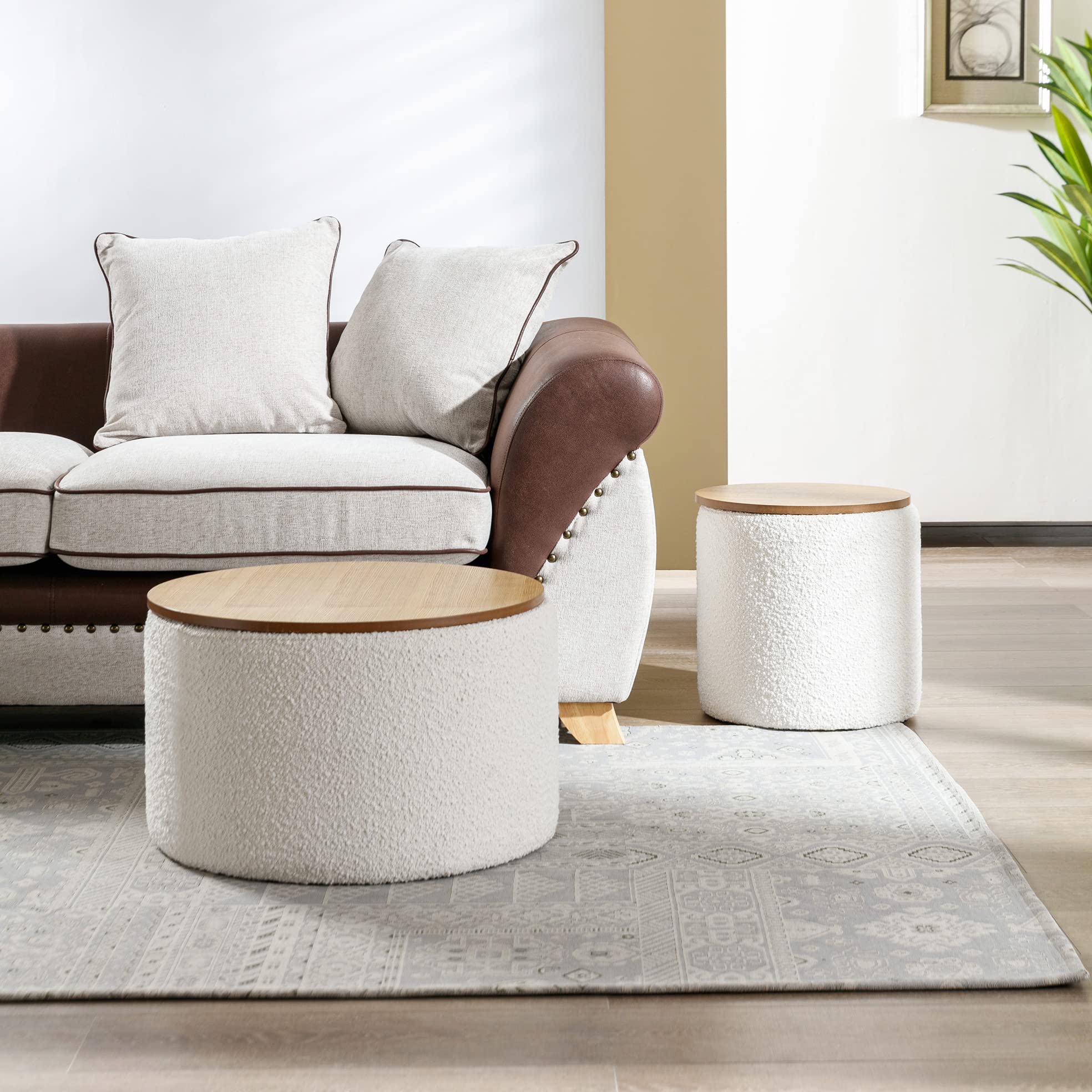 ONEVOG Large Ottoman Round Storage Ottoman with Wooden Lid, Living Room Round End Table No Assembly Required, Durable Boucle Fabric, Multipurpose End Table Support 300lbs