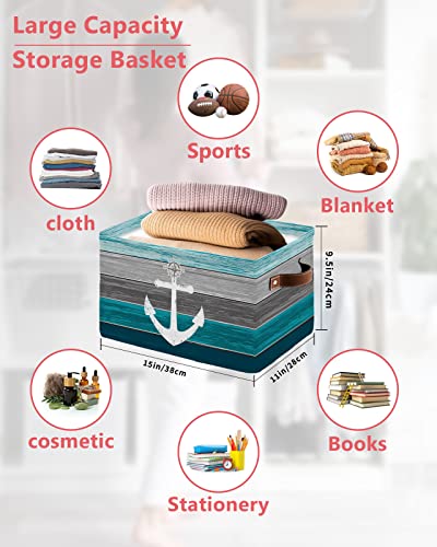 Turquoise Grey Ombre Wood Storage Basket Waterproof Cube Storage Bin Organizer with Handles, Beach Nautical Anchor Ocean Coastal Collapsible Storage Cubes Bins for Clothes Books Toys 15"x11"x9.5"