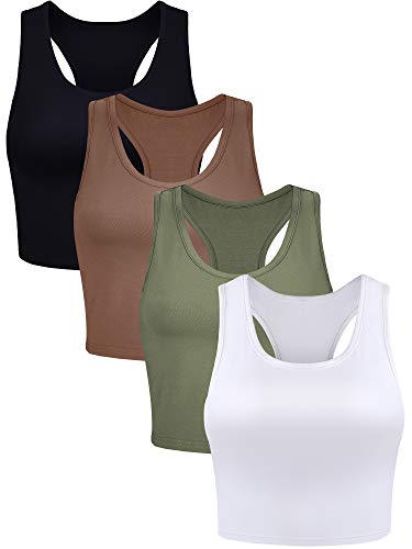Boao 4 Pieces Basic Crop Tank Tops Sleeveless Racerback Crop Top for Women (Black, White, Army Green, Coffee, Medium)