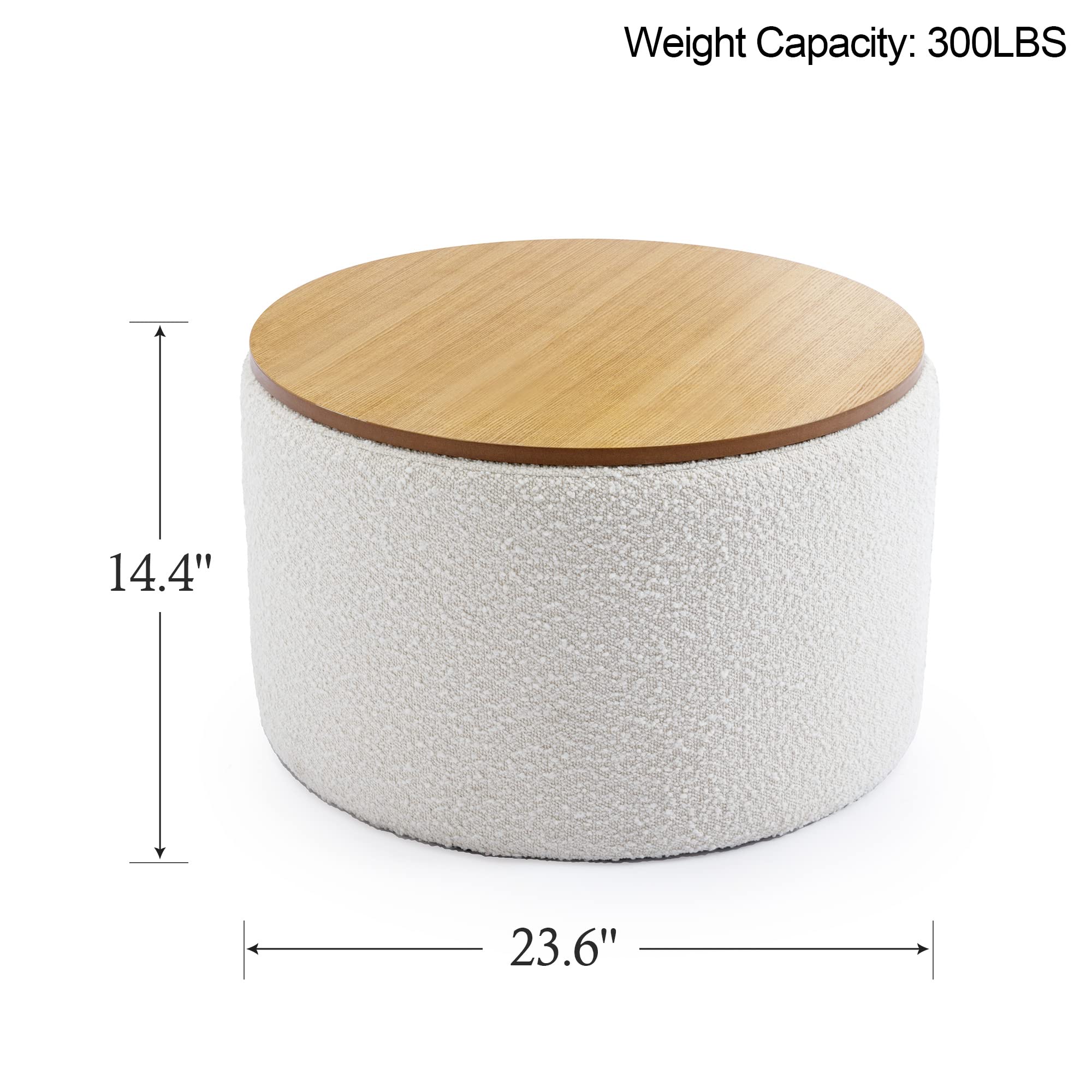 ONEVOG Large Ottoman Round Storage Ottoman with Wooden Lid, Living Room Round End Table No Assembly Required, Durable Boucle Fabric, Multipurpose End Table Support 300lbs