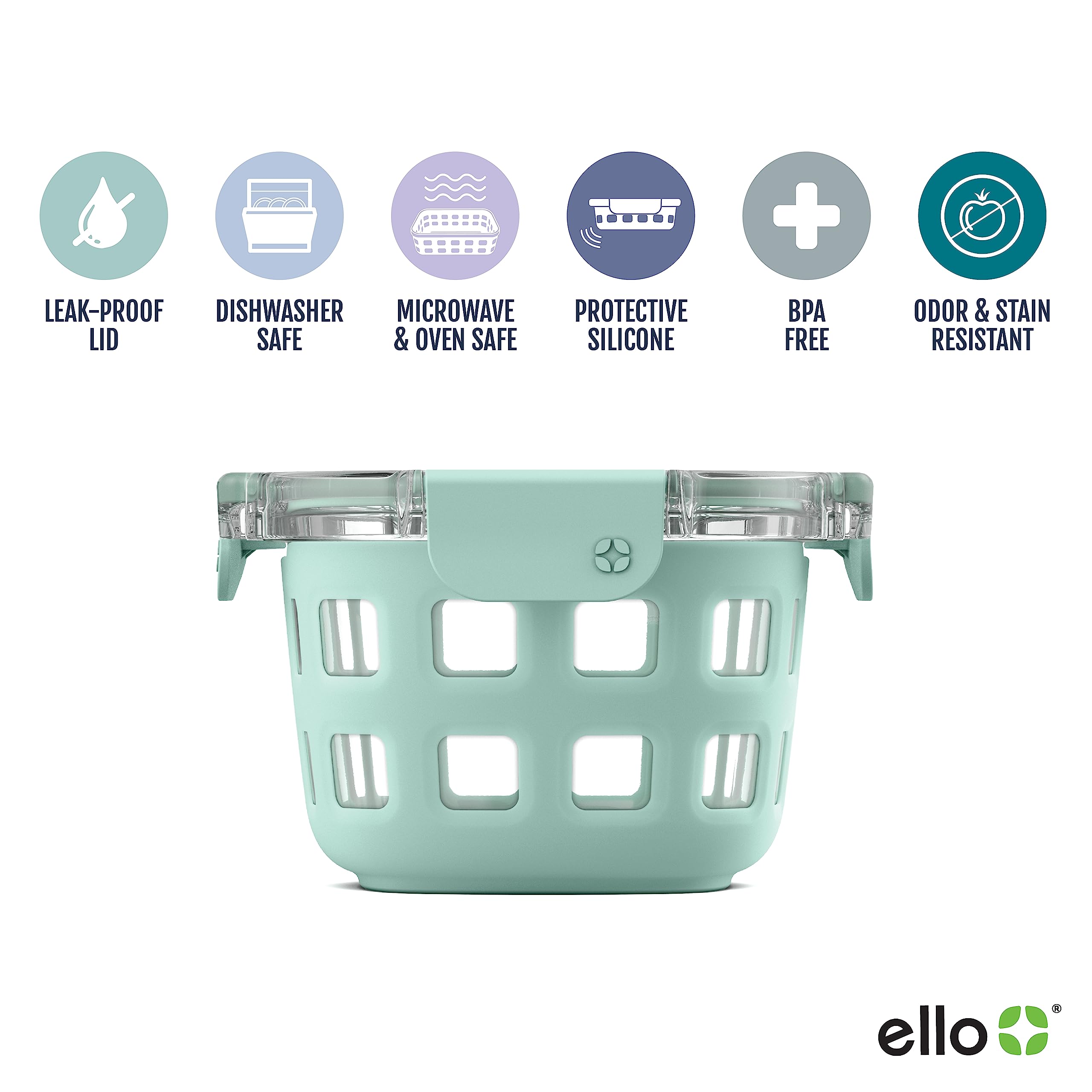Ello DuraGlass Rounds Glass Food Storage Containers - Meal Prep Bowls with Silicone Sleeve and Airtight Lids, 2 Cup, Yucca