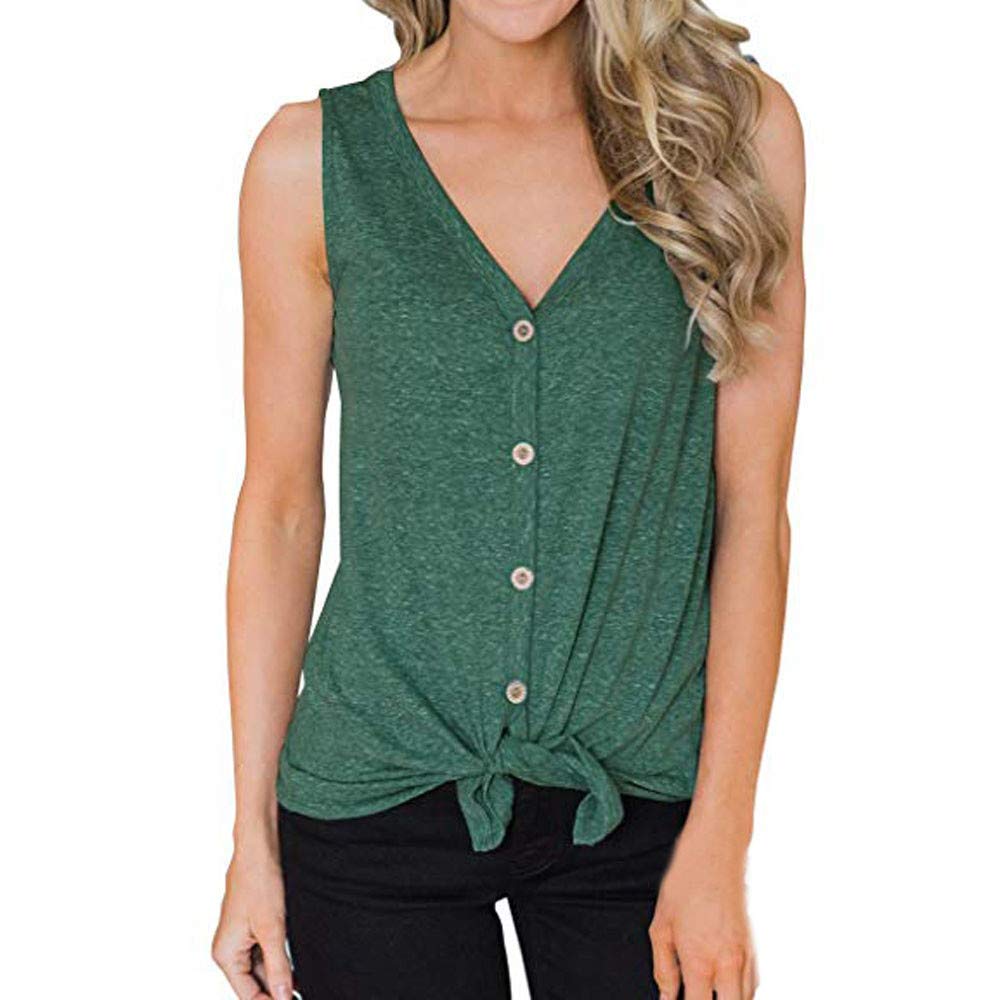 Summer Tank Tops Women Loose Button V Neck Button Vest Blouse Sleeveless T-Shirt Comfy Loose Shirts (S, Green)