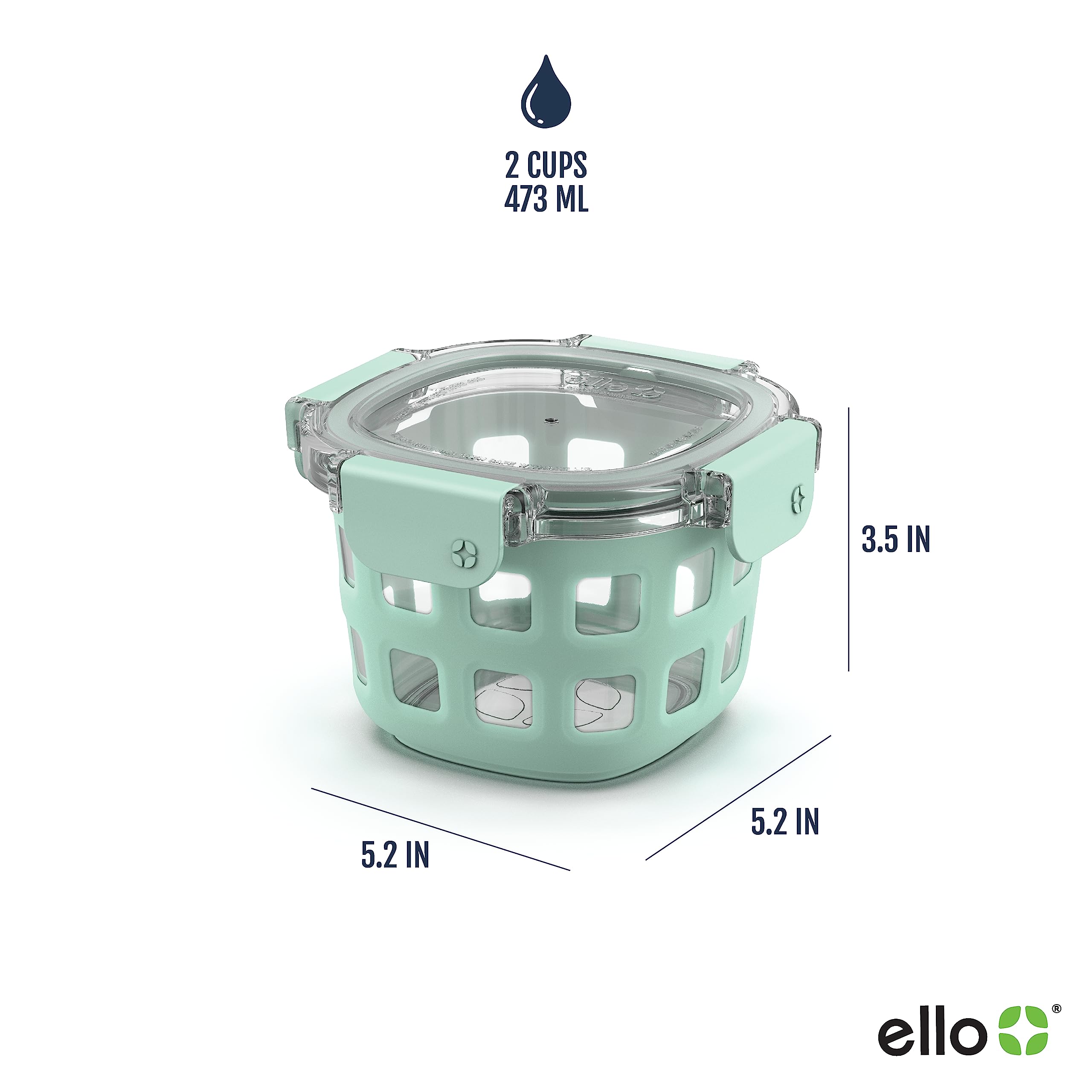 Ello DuraGlass Rounds Glass Food Storage Containers - Meal Prep Bowls with Silicone Sleeve and Airtight Lids, 2 Cup, Yucca