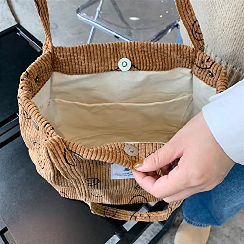 Corduroy Totes Bag Women's Shoulder Handbags Big Capacity Shopping Bag with Inner Pockets(White Smile)