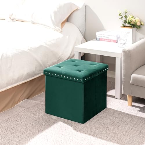B FSOBEIIALEO Storage Ottoman Cube, Folding Tufted Ottomans with Storage,Coffee Table Top Cover, Toy Chest Storage Boxes Footrest Stool for Bedroom, Luxury Velvet Fabric 15.7 Inches Green