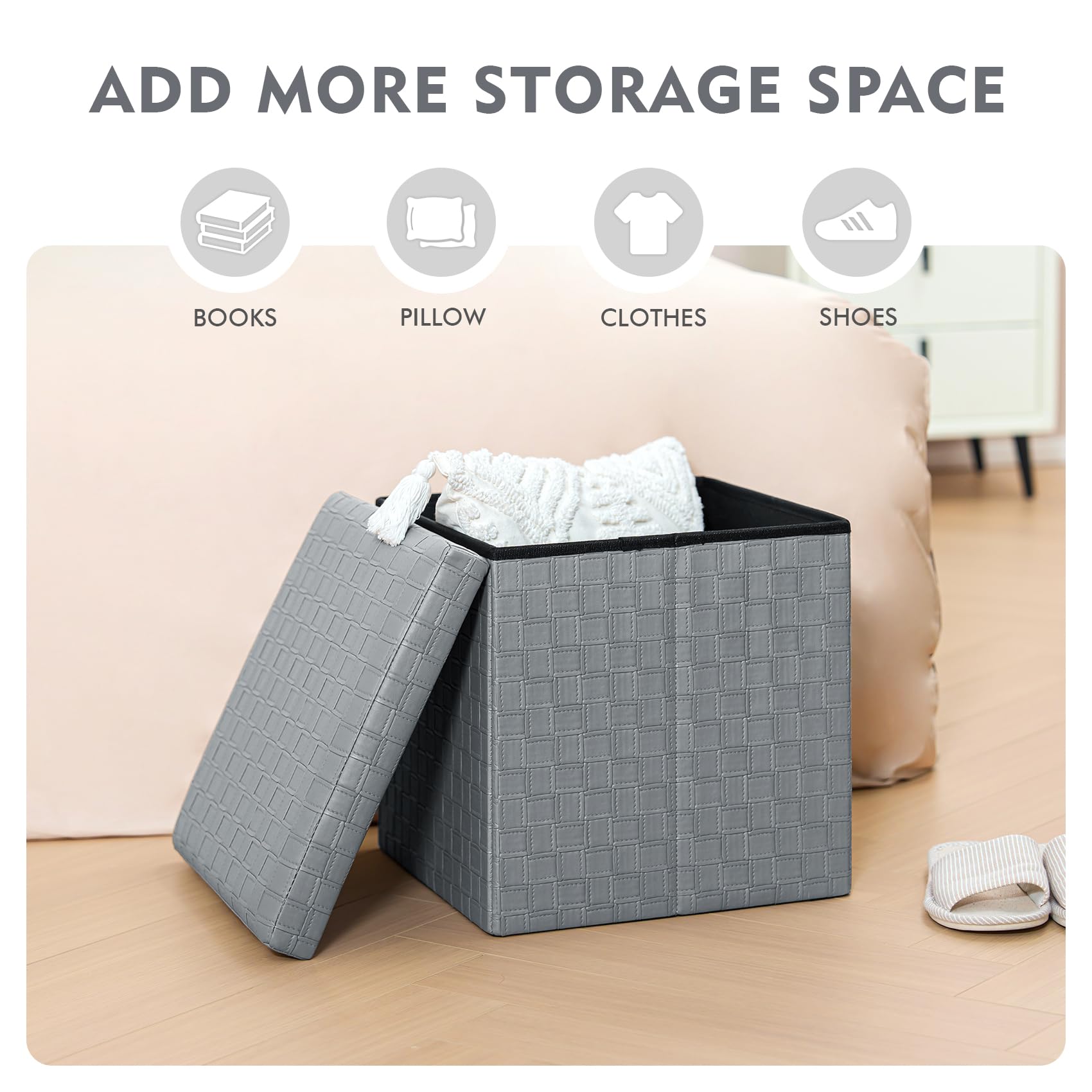 B FSOBEIIALEO Storage Ottoman, Faux Leather Footrest Seat, Ottoman with Storage Cube Toy Box Chest, 15"x15"x15" (Grey, Medium)