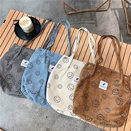 Corduroy Totes Bag Women's Shoulder Handbags Big Capacity Shopping Bag with Inner Pockets(White Smile)
