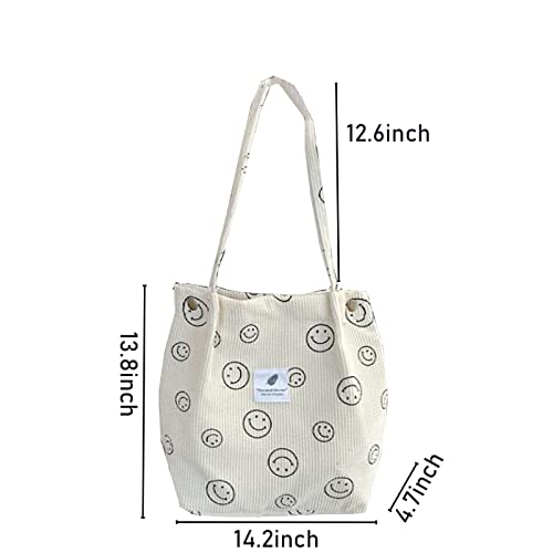Corduroy Totes Bag Women's Shoulder Handbags Big Capacity Shopping Bag with Inner Pockets(White Smile)
