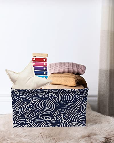 Sea Ocean Wave Texture Filling Storage Basket Waterproof Cube Storage Bin Organizer with Handles, Navy Blue White Stripes Collapsible Storage Cubes Bins for Clothes Books Toys 15"x11"x9.5"