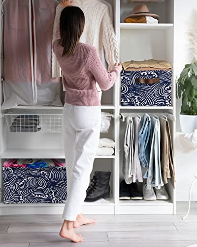 Sea Ocean Wave Texture Filling Storage Basket Waterproof Cube Storage Bin Organizer with Handles, Navy Blue White Stripes Collapsible Storage Cubes Bins for Clothes Books Toys 15"x11"x9.5"