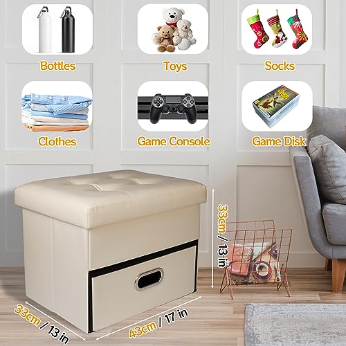 VewePata Folding Storage Ottoman with Drawers, 17 inch, Beige, Leather