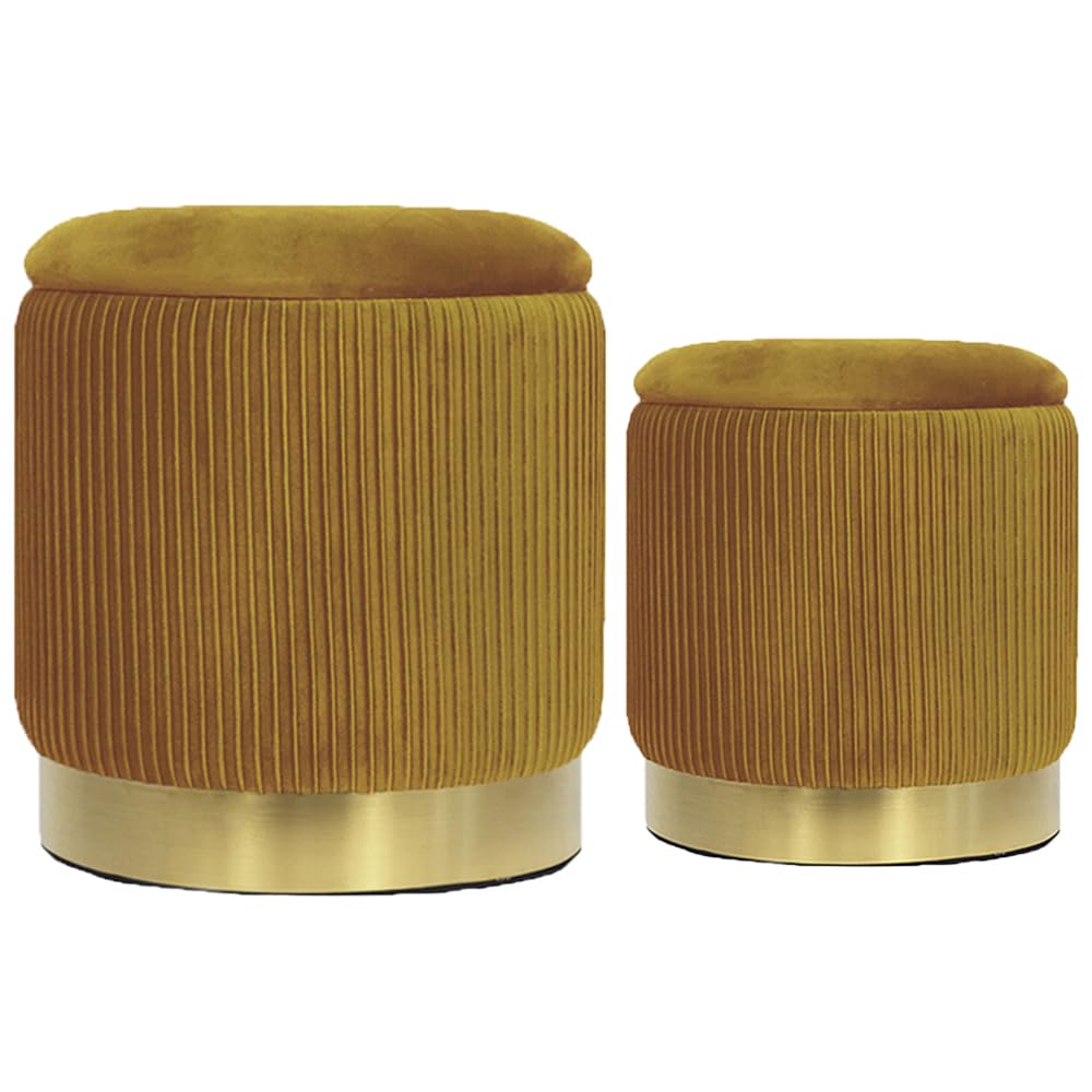 YYW HOME Round Ottoman with Storage - Yellow Storage Ottoman for Living Room, Round Storage Ottoman for Kids Room,Dorm Ottoman with Storage, Vanity Chair for Bedroom,Set of 2 Velvet Ottoman
