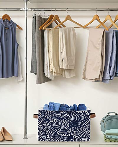 Sea Ocean Wave Texture Filling Storage Basket Waterproof Cube Storage Bin Organizer with Handles, Navy Blue White Stripes Collapsible Storage Cubes Bins for Clothes Books Toys 15"x11"x9.5"
