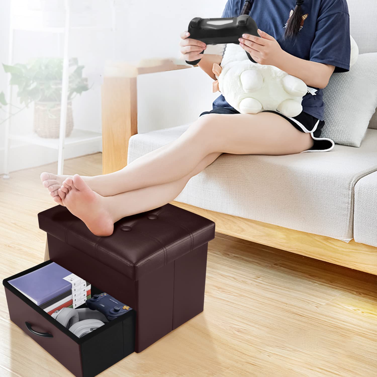 AmasSmile® Storage Ottoman Foot Rest Stool, 16 inch Leather Folding Footstool Bench, Short Ottoman Bench, Storage Foot Rest Store, Books, Records Support 220 lbs, Brown