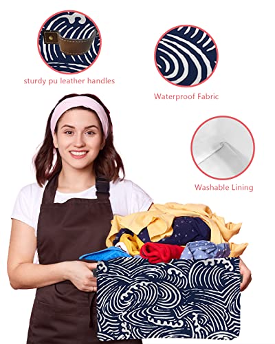 Sea Ocean Wave Texture Filling Storage Basket Waterproof Cube Storage Bin Organizer with Handles, Navy Blue White Stripes Collapsible Storage Cubes Bins for Clothes Books Toys 15"x11"x9.5"