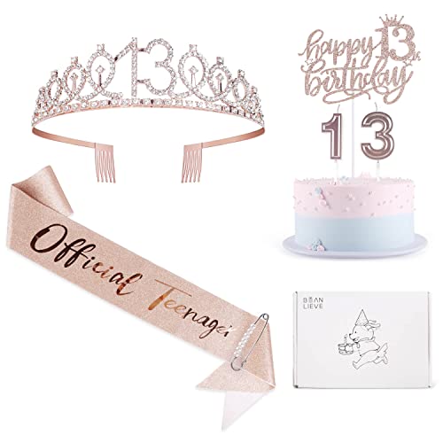 BEAN LIEVE 13th Birthday Decorations - Including 13th Birthday Sash, 13th Birthday Diamond Crown/Tiara, Birthday Candles and Cake Toppers, Rose Gold Maiden Gift 13th Birthday Celebration.