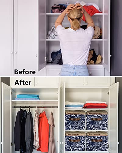 Sea Ocean Wave Texture Filling Storage Basket Waterproof Cube Storage Bin Organizer with Handles, Navy Blue White Stripes Collapsible Storage Cubes Bins for Clothes Books Toys 15"x11"x9.5"
