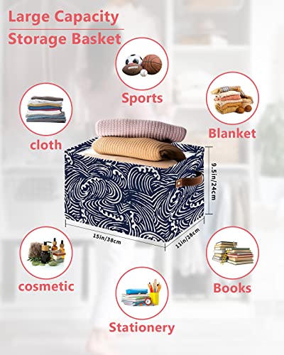 Sea Ocean Wave Texture Filling Storage Basket Waterproof Cube Storage Bin Organizer with Handles, Navy Blue White Stripes Collapsible Storage Cubes Bins for Clothes Books Toys 15"x11"x9.5"