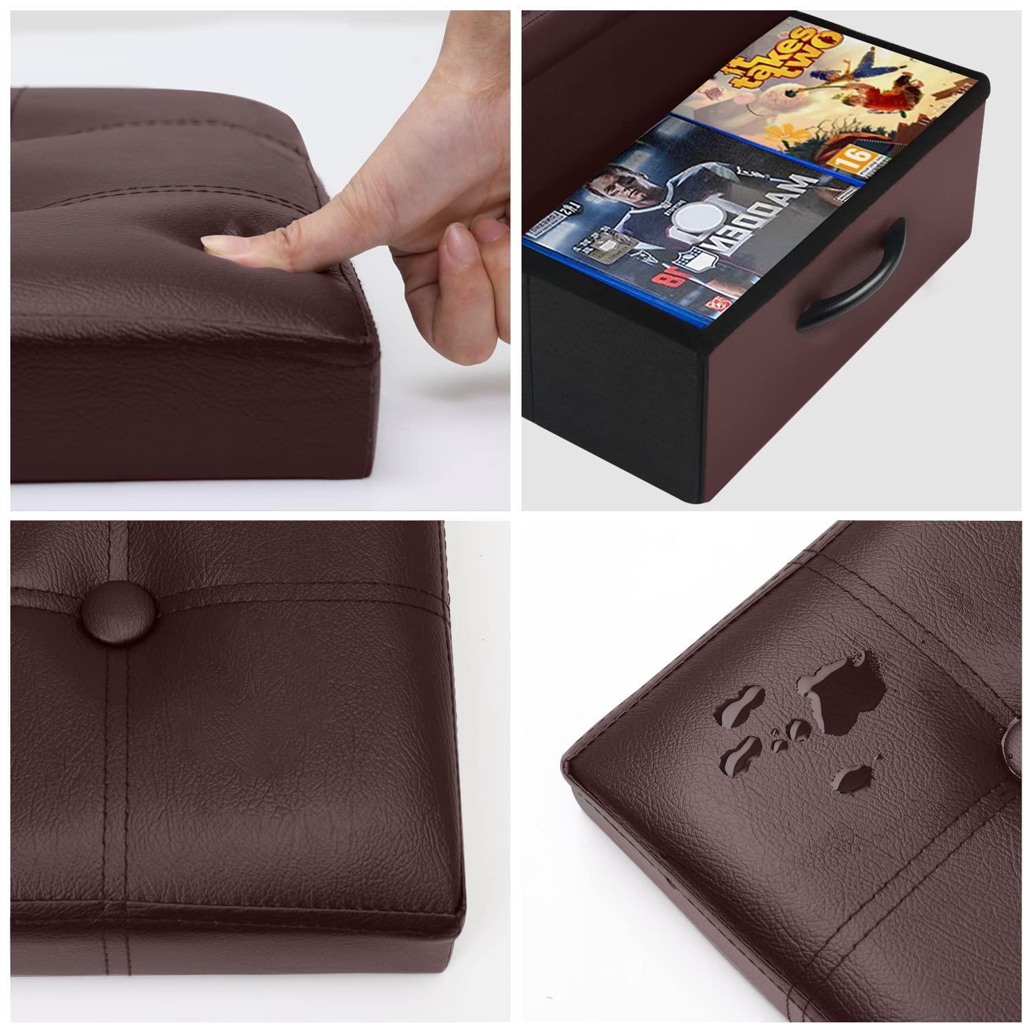 AmasSmile® Storage Ottoman Foot Rest Stool, 16 inch Leather Folding Footstool Bench, Short Ottoman Bench, Storage Foot Rest Store, Books, Records Support 220 lbs, Brown