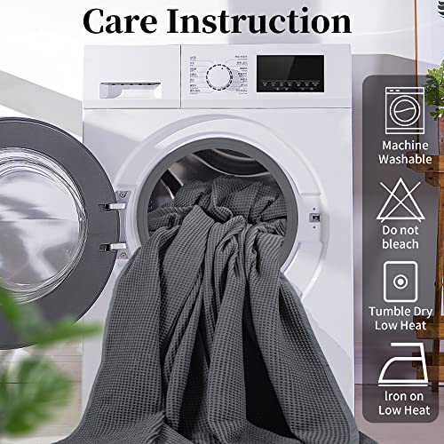 HOMBYS Cotton Waffle Blanket Oversized King 120x128 in, Huge Breathable Waffle Weave Family Blanket for All Season, Large Grey 10x10 Lightweight Throw Blankets for Couch, Bed, Sofa
