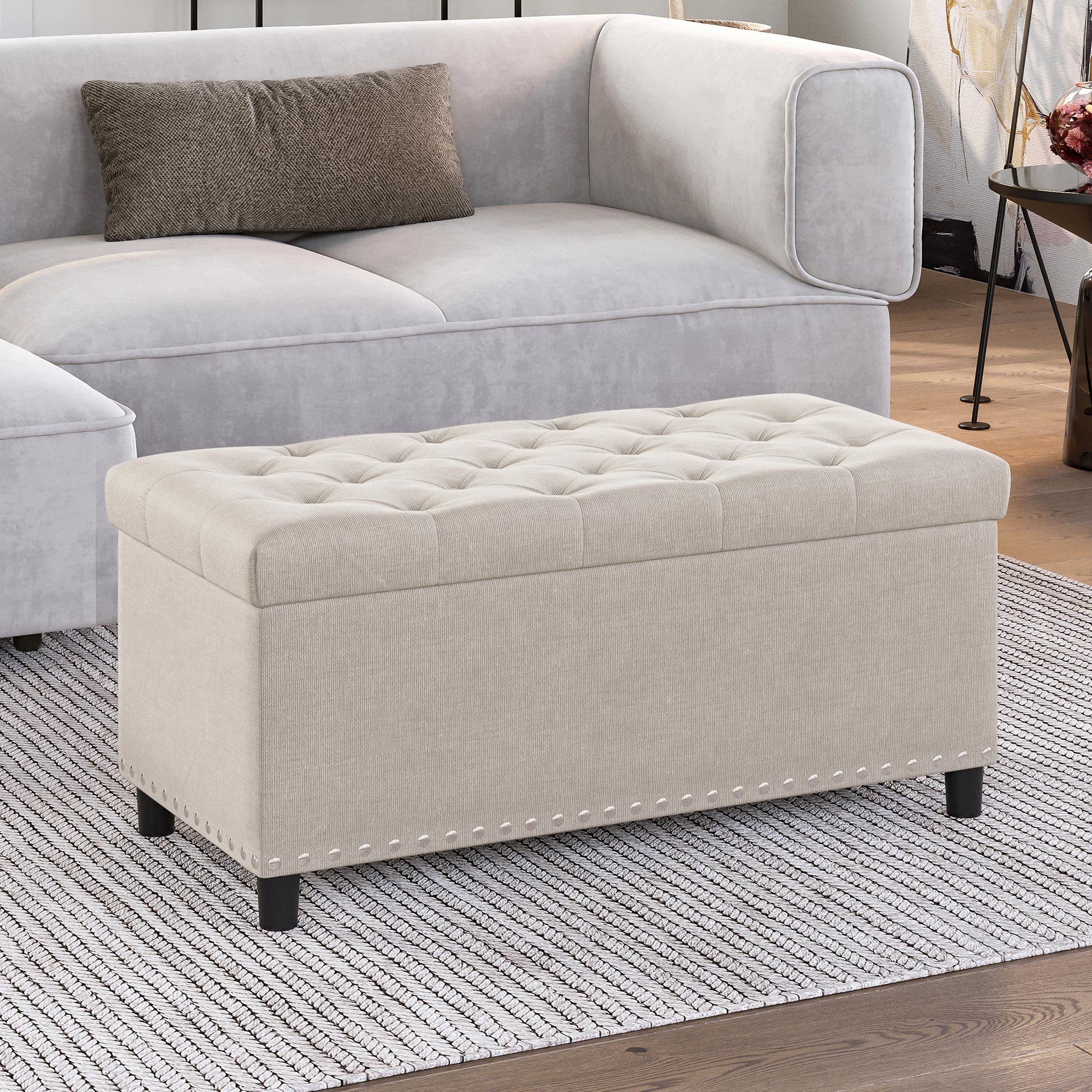 BELLEZE 35 Inch Button-Tufted Ottoman Linen Storage Bench with Safety Close Hinge for Living Room, Entryway, Hallway, Foot Rest, Support 300lbs - Beige