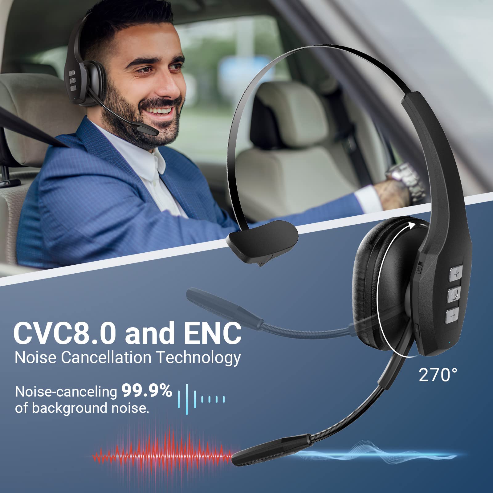 Trueque Bluetooth Headset, Trucker Wireless Headset with Microphone AI Noise Canceling & Mute Button, 60 Hrs Work Time On-Ear Headphones with USB Dongle for Call Center, Remote Work, Trucker, Zoom