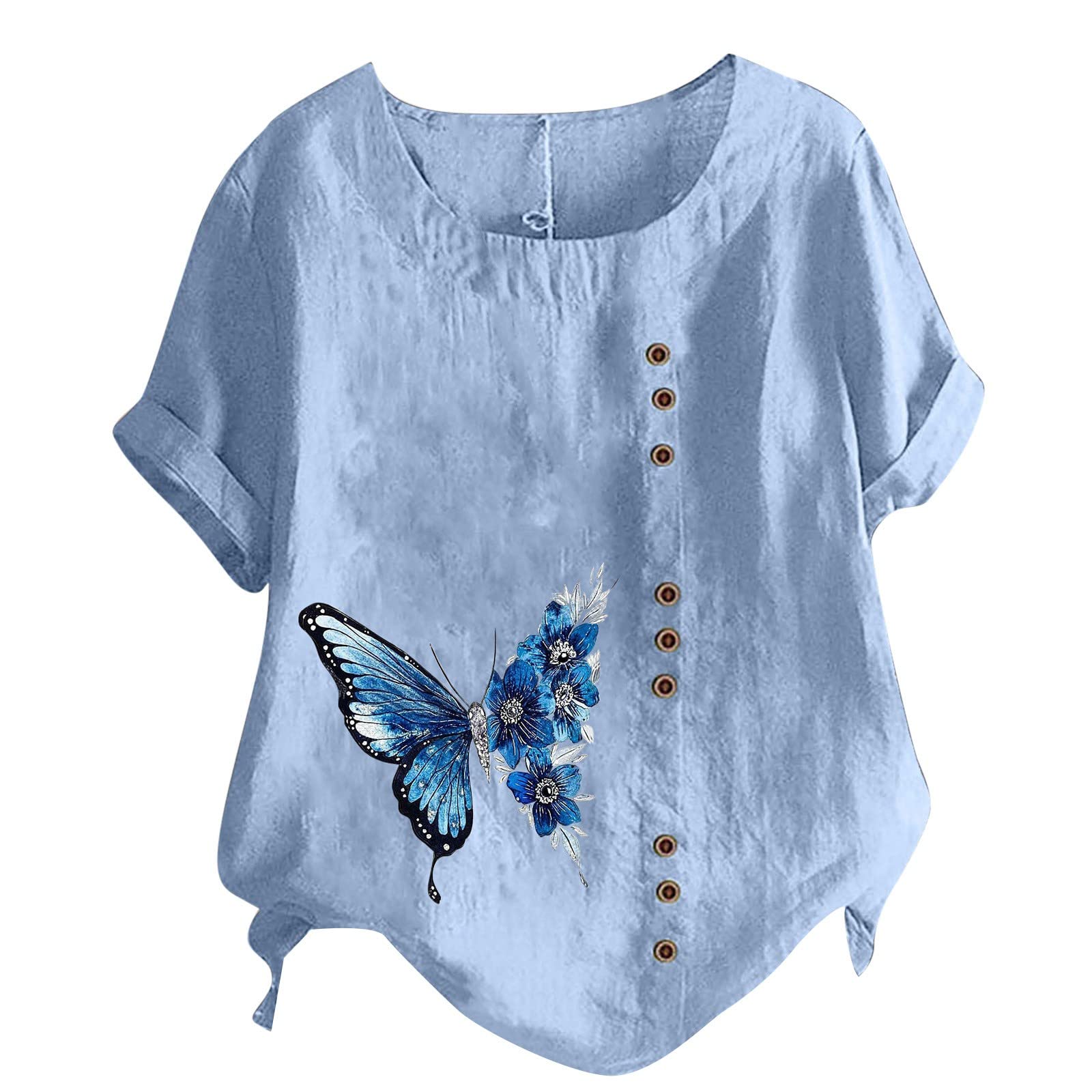Cnebo Womens Loose Short Sleeve Short Sleeved Buttoned Shirt with Round Neck Printing T Shirt Tank Top Pocket Sleeve