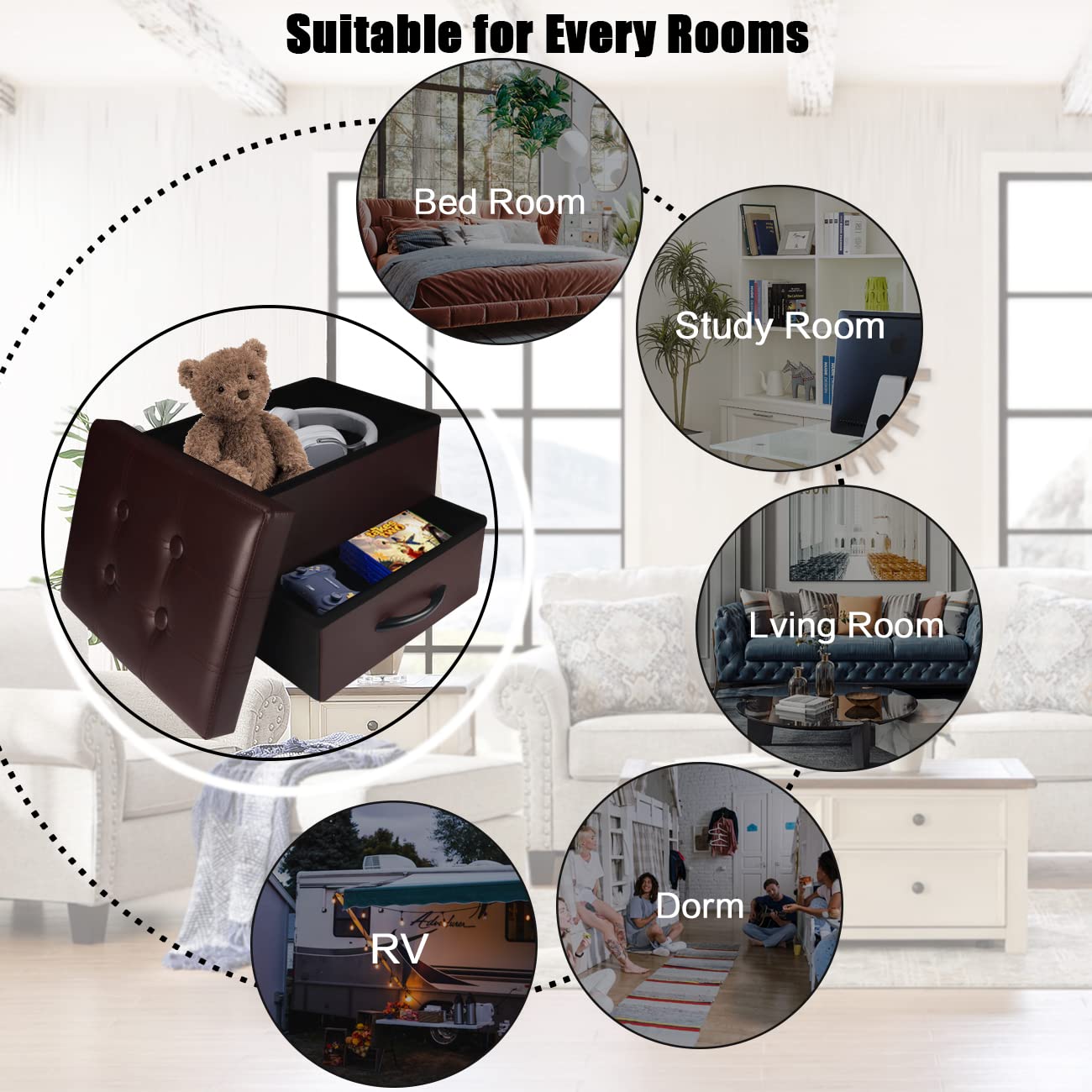 AmasSmile® Storage Ottoman Foot Rest Stool, 16 inch Leather Folding Footstool Bench, Short Ottoman Bench, Storage Foot Rest Store, Books, Records Support 220 lbs, Brown